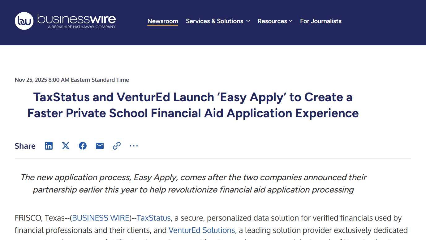 TaxStatus and VenturEd Launch ‘Easy Apply’ for Private Schools